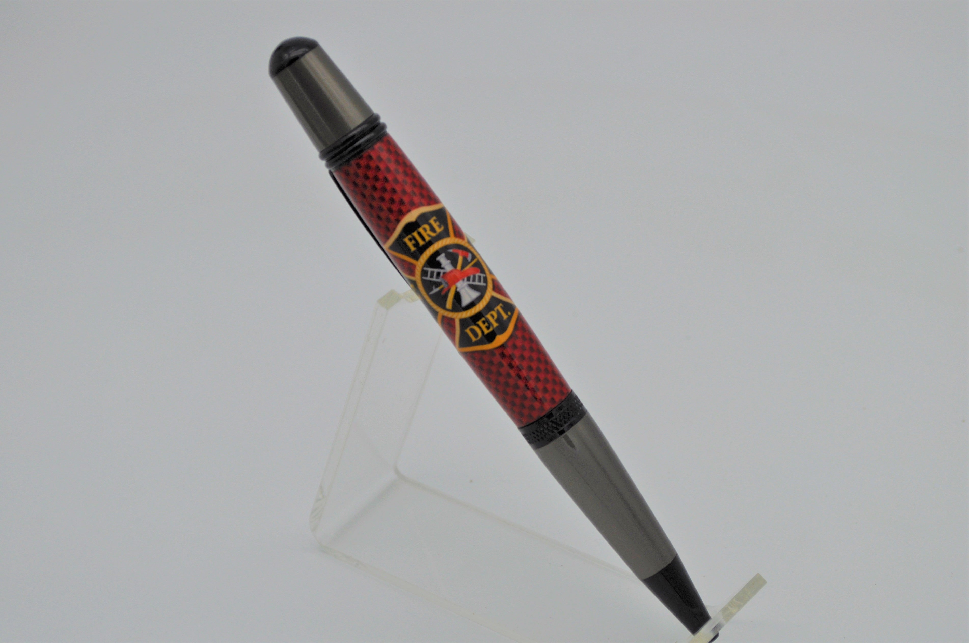 Fire Logo Pen on Red Carbon Fiber Look, Handmade Custom – Mission City Pens